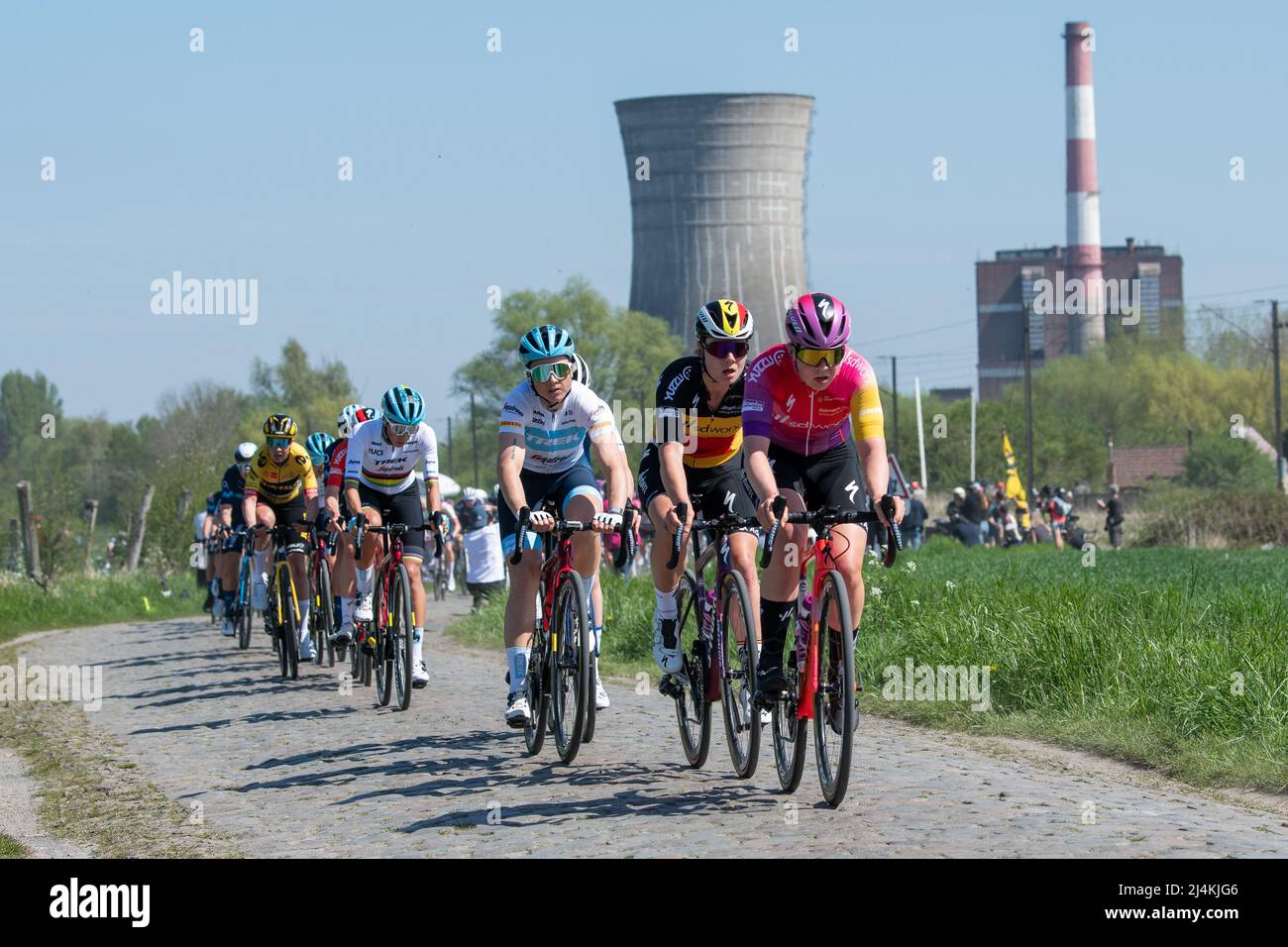 The peloton on the Hornaing secteur of cobbles in Paris-Roubaix ...