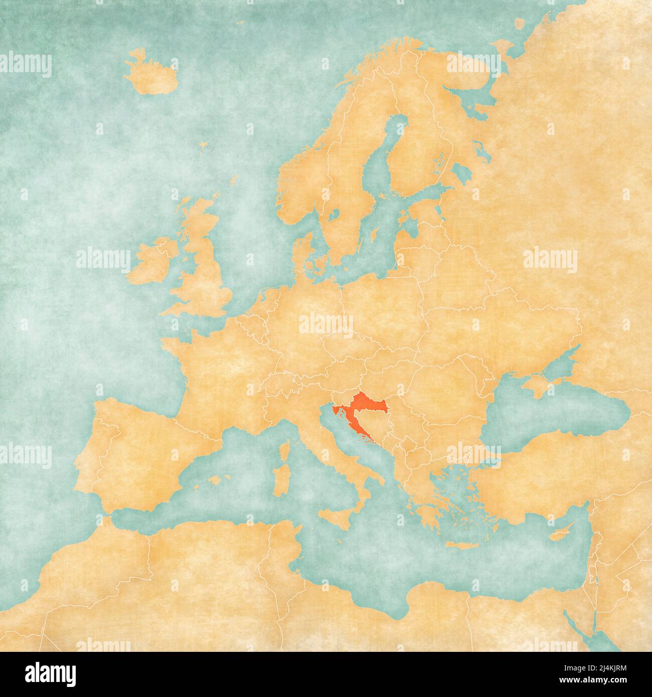 Croatia on the map of Europe in soft grunge and vintage style, like old ...