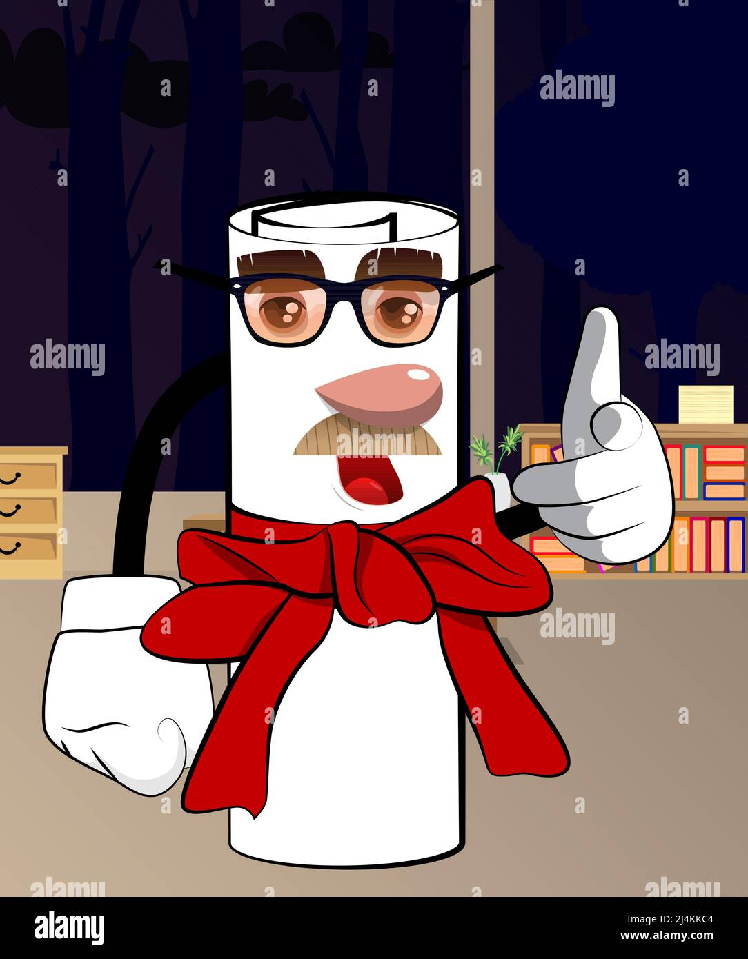 Rolled paper with red ribbon as a diploma pointing at the viewer with ...