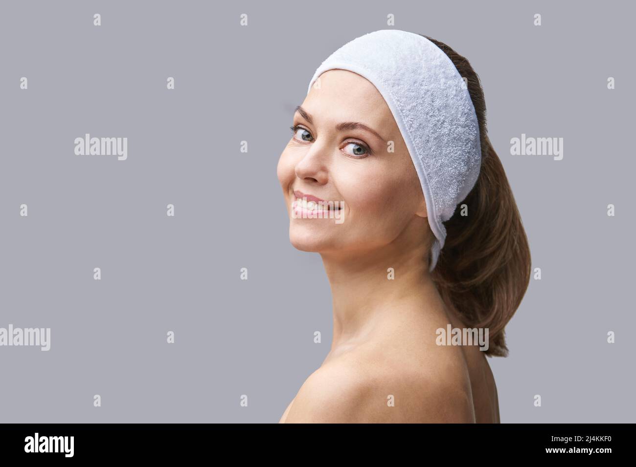 Pure skin care mature beauty portrait. Cosmetology plastic foundation ...