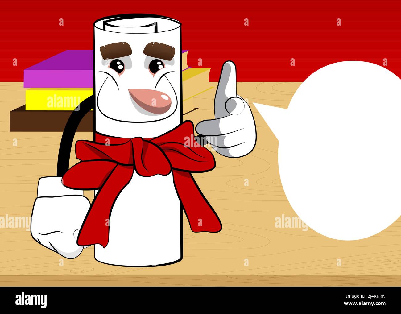 Rolled paper with red ribbon as a diploma pointing at the viewer with ...