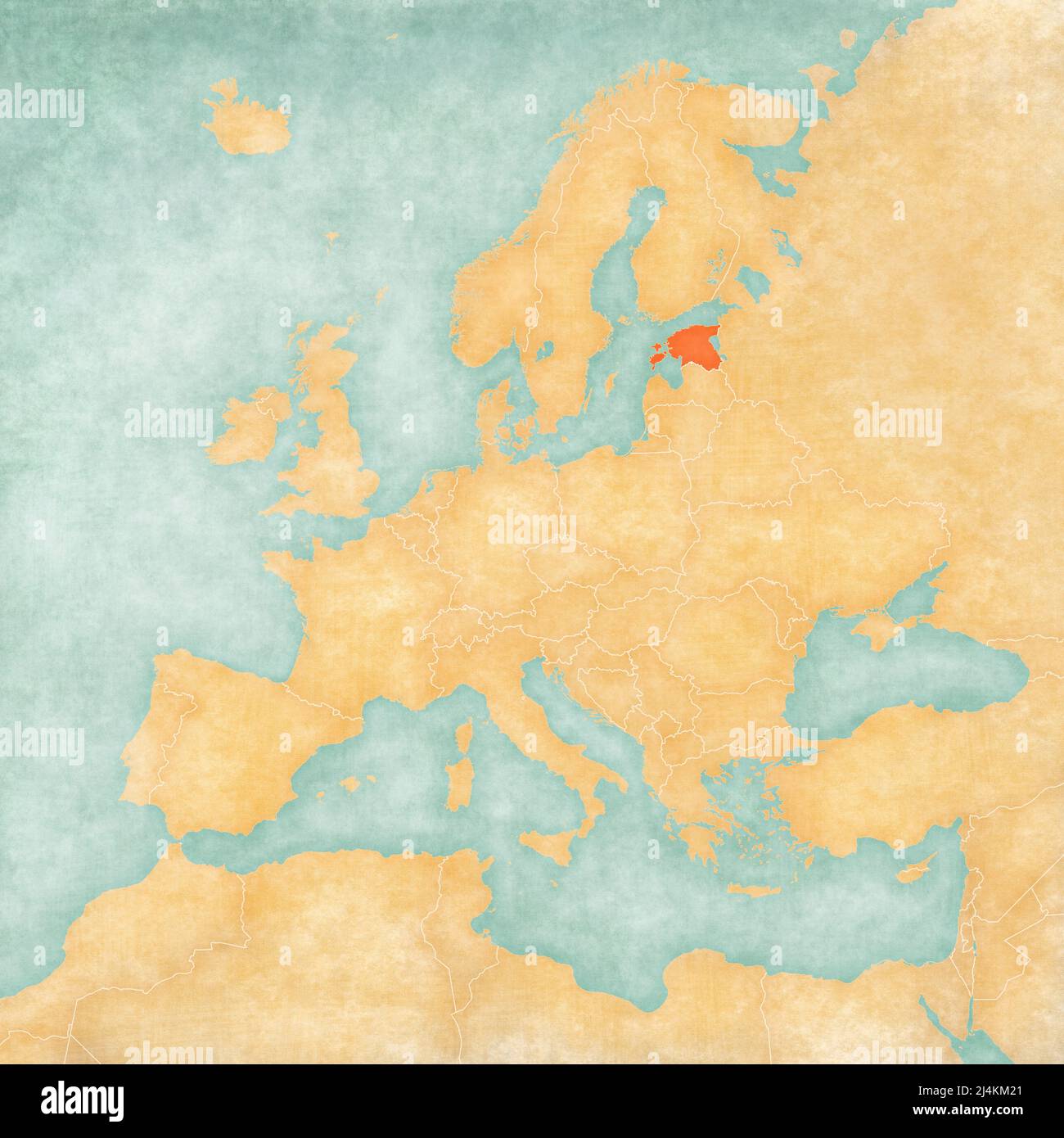 Estonia on the map of Europe in soft grunge and vintage style, like old ...