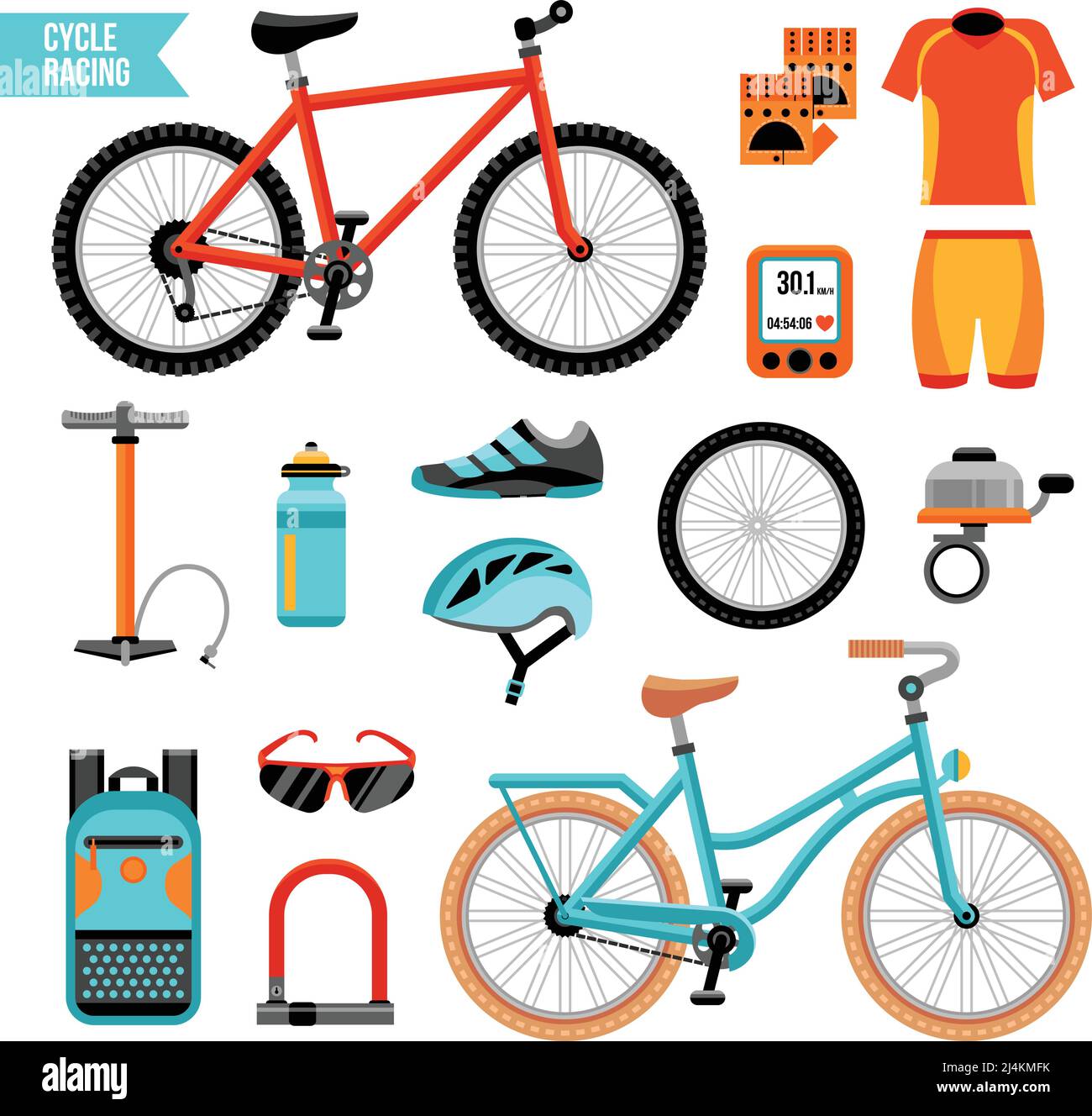 Bike and cycling accessories colored icons set with biker uniform ...