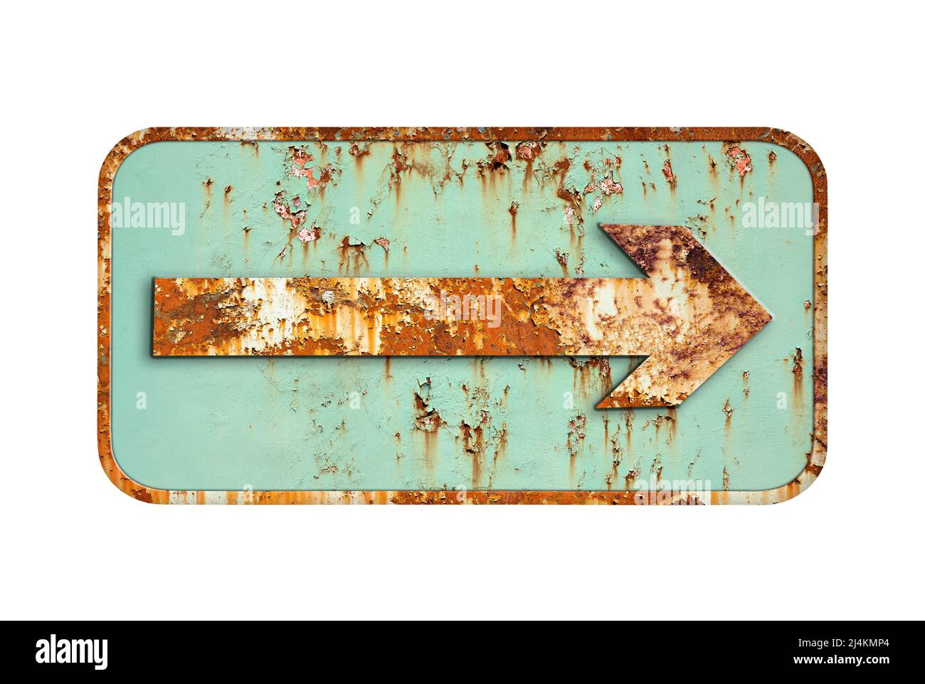 Old rusty metal sign with direction arrow isolated on white with ...