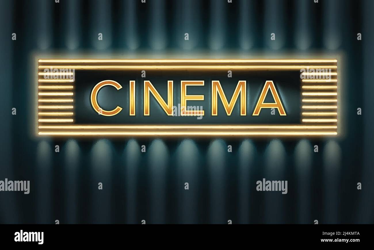 Vector golden illuminated cinema signboard front view on dark ...