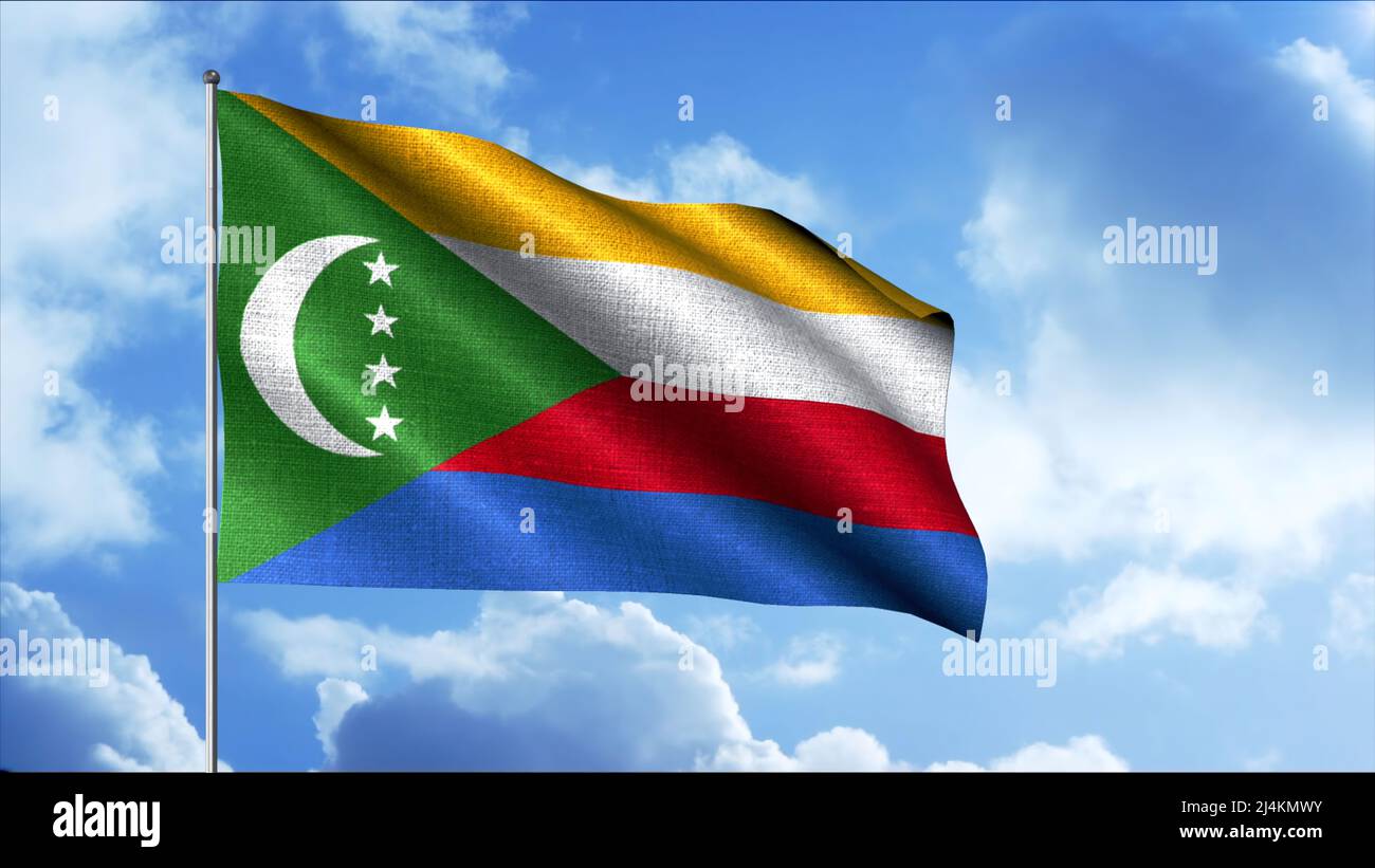 Comoros flag. Motion. A multi-colored flag with a green triangle on the ...