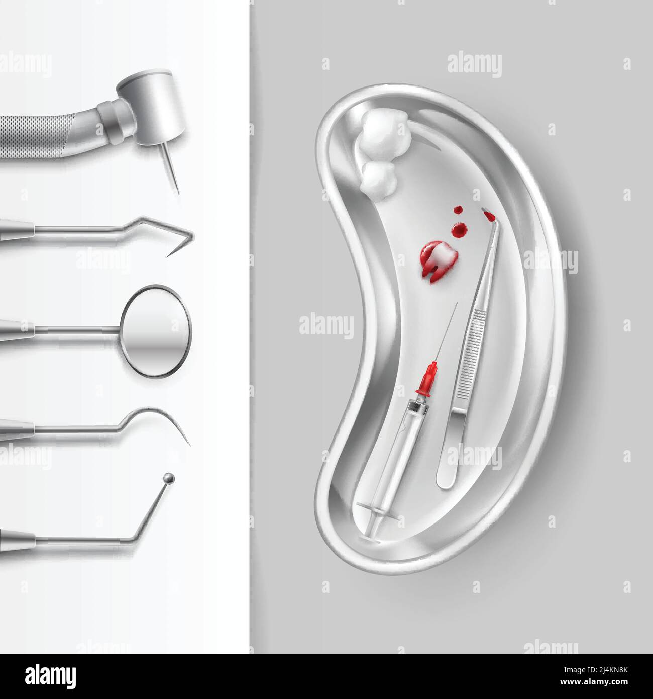 Vector set of stainless dental tools mirror, drill, forceps, hook ...