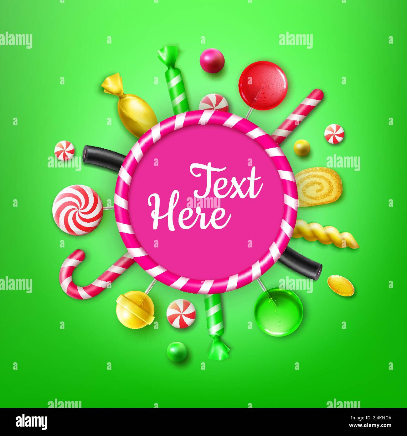 Vector candy flat lay with different sweets in yellow, red striped foil ...