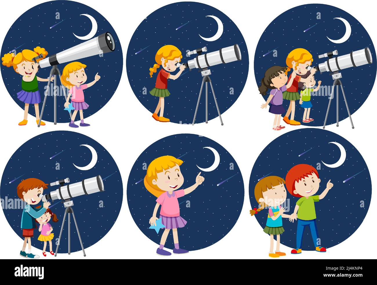 Set of different kids looking through telescope at night illustration ...