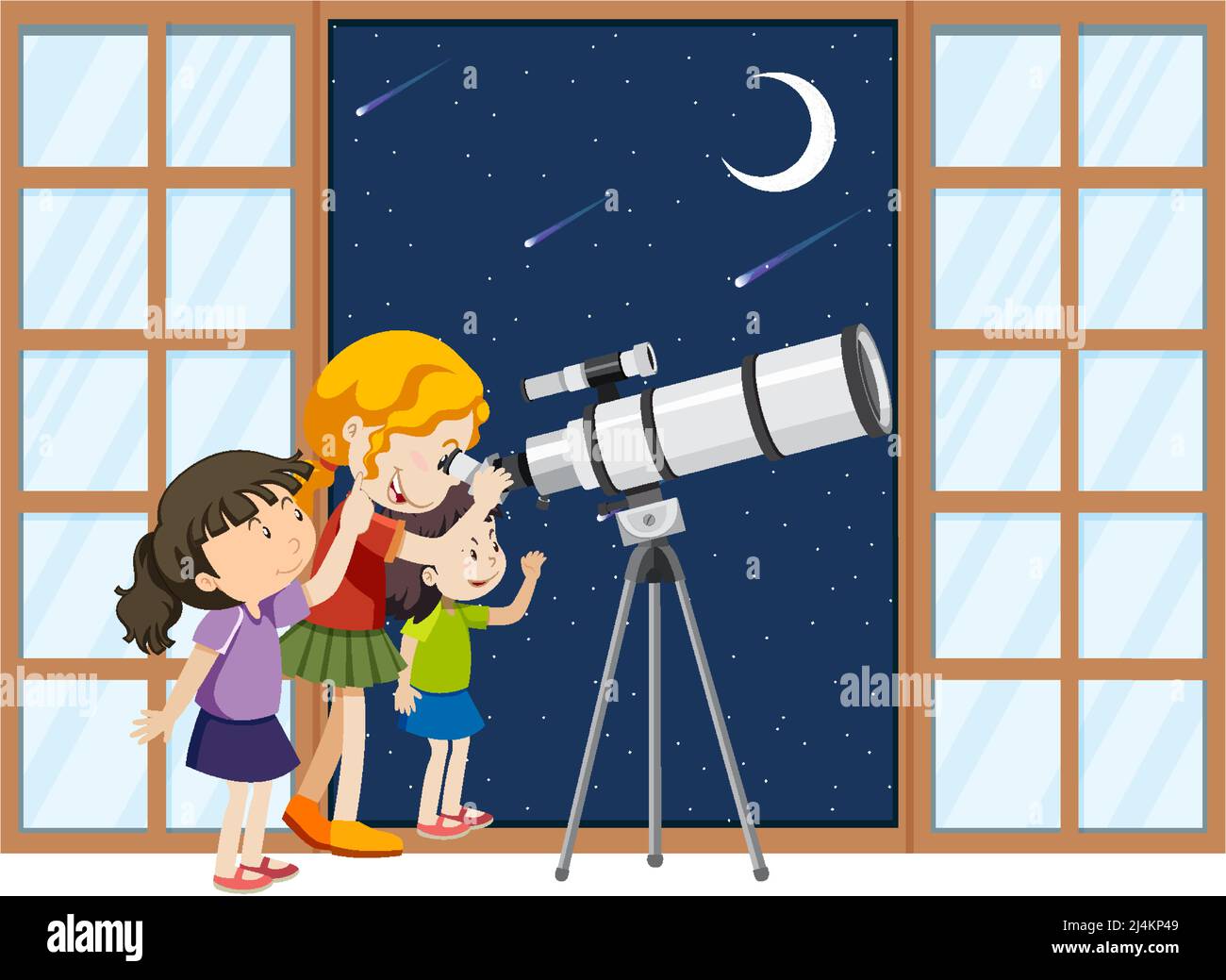 Kids observe night sky with telescope illustration Stock Vector Image ...