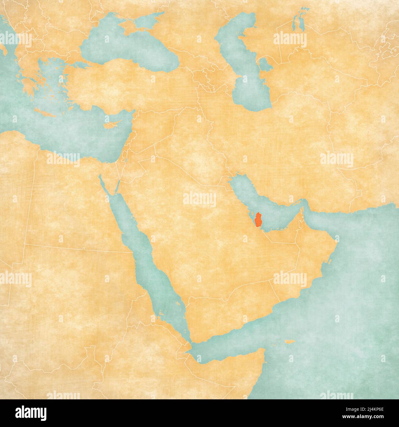 Qatar on the map of Middle East (Western Asia) in soft grunge and ...