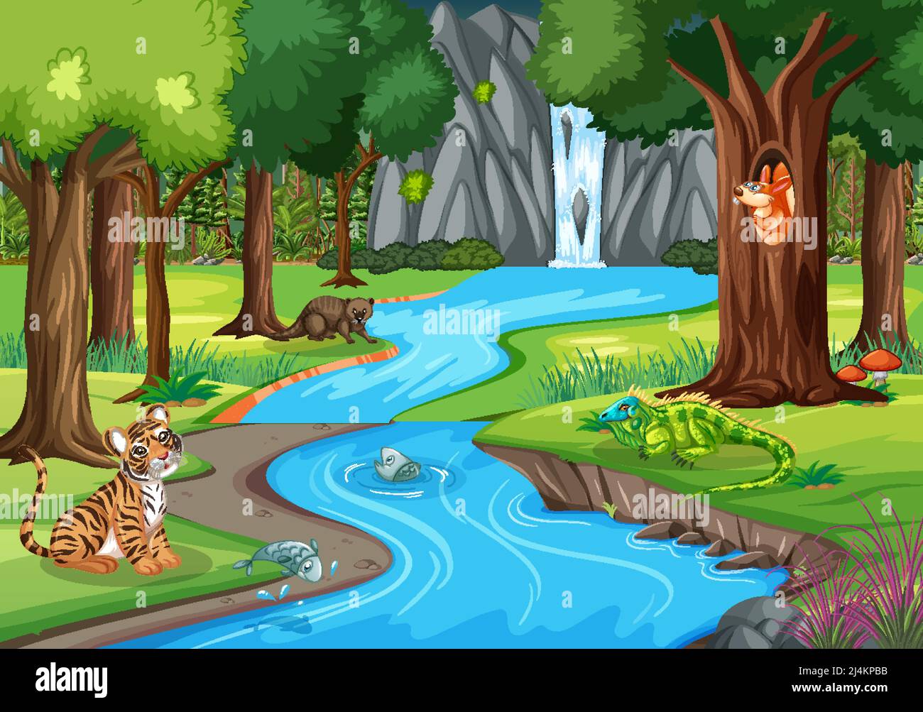 Wild animals cartoon characters in the forest scene illustration Stock ...