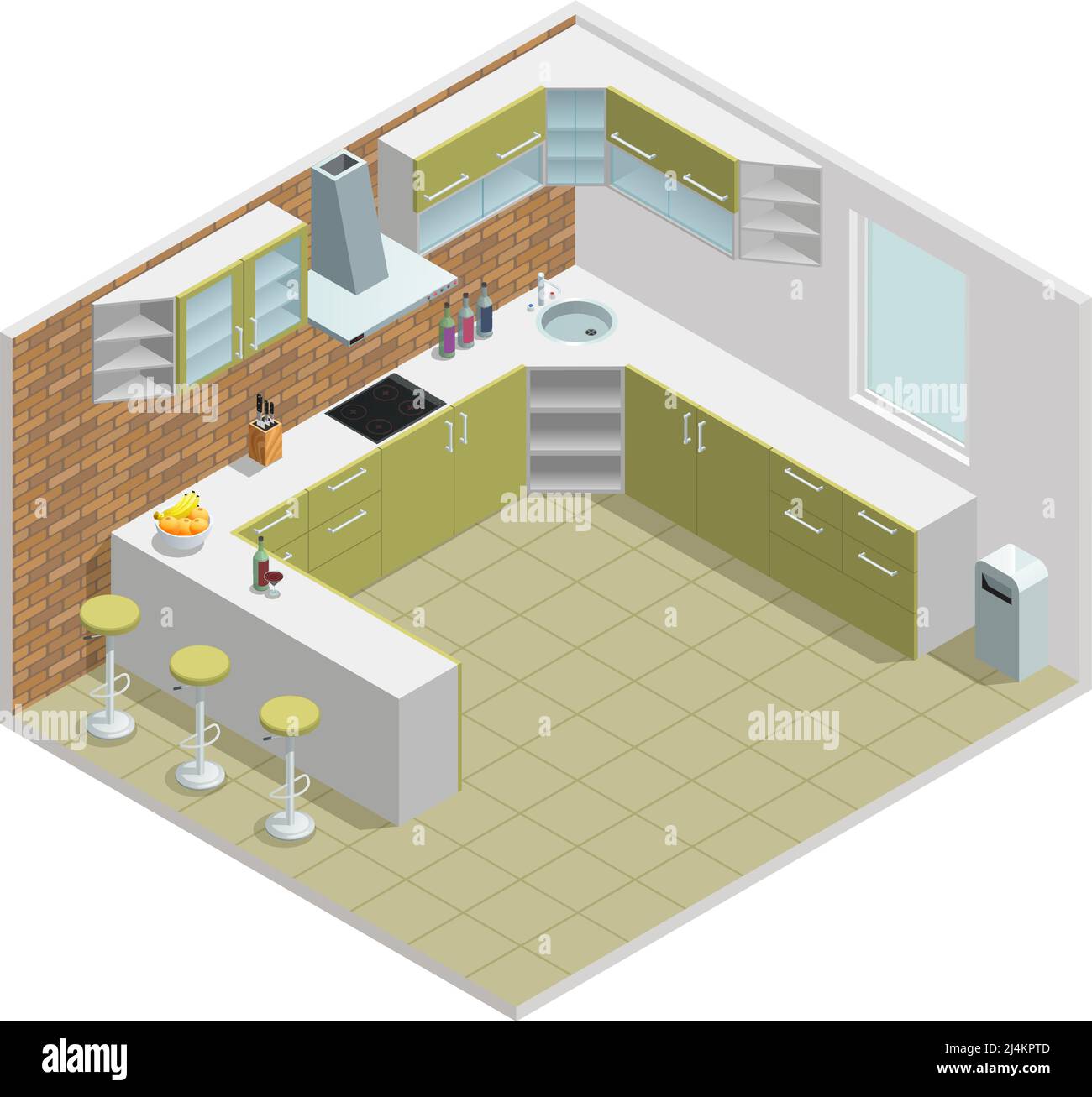 Color isometric design of kitchen with table cupboard vector ...