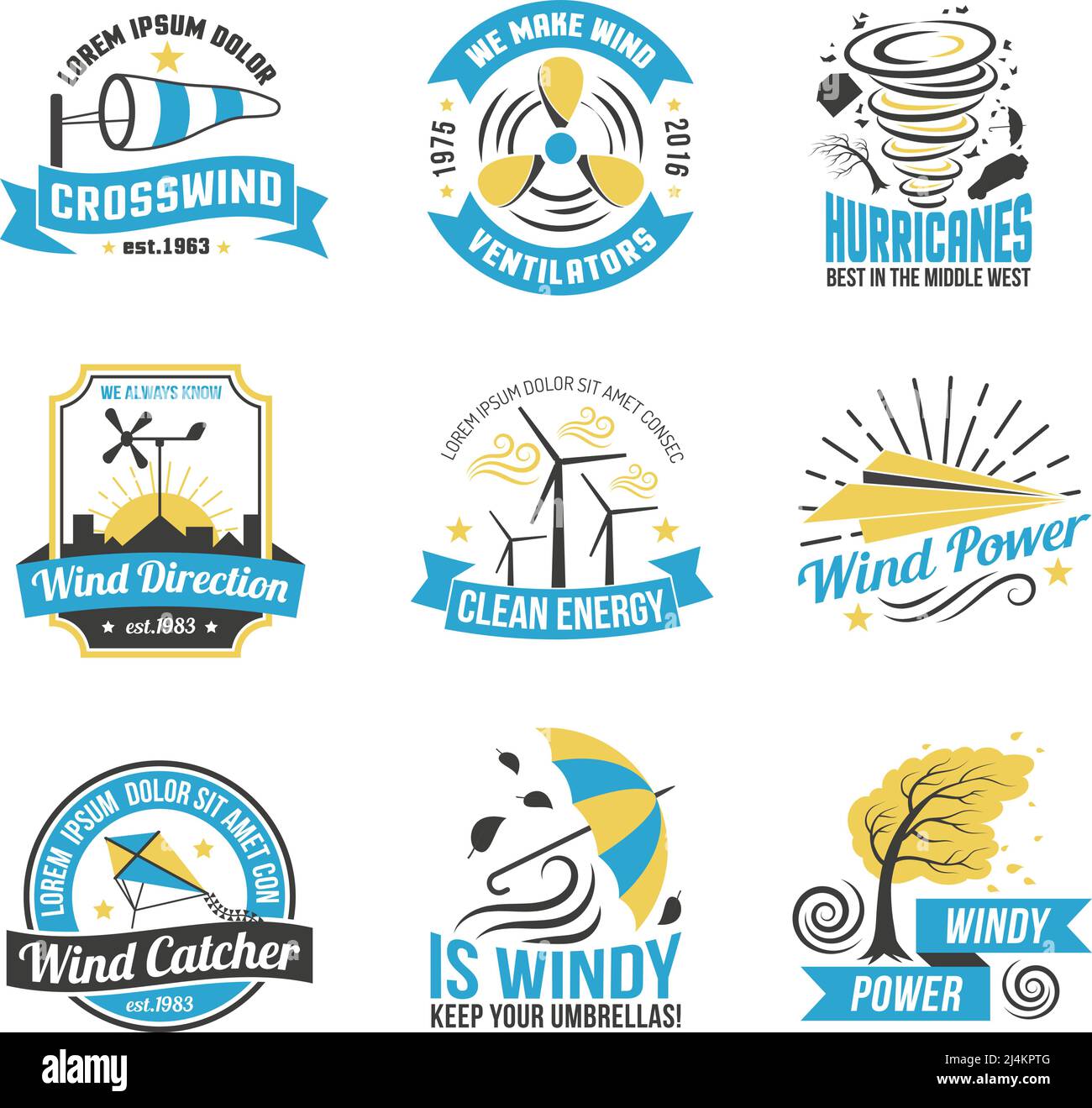 Wind energy production emblems set with windmills and natural sources ...