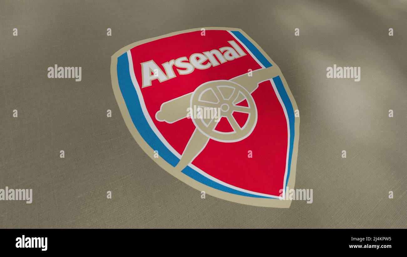 Waving flag with Arsenal football team logo, close-up. Motion. Colorful ...