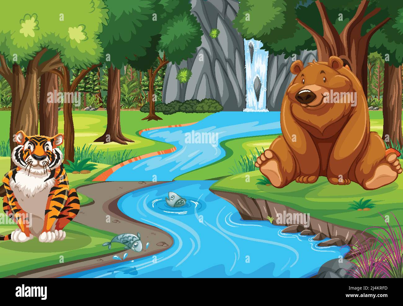 Wild animals cartoon characters in the forest scene illustration Stock ...