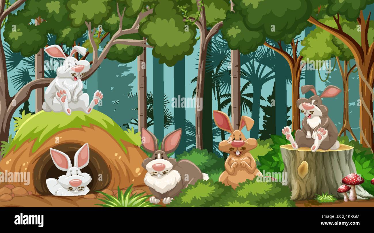 Group of rabbits in nature forest scene illustration Stock Vector Image ...
