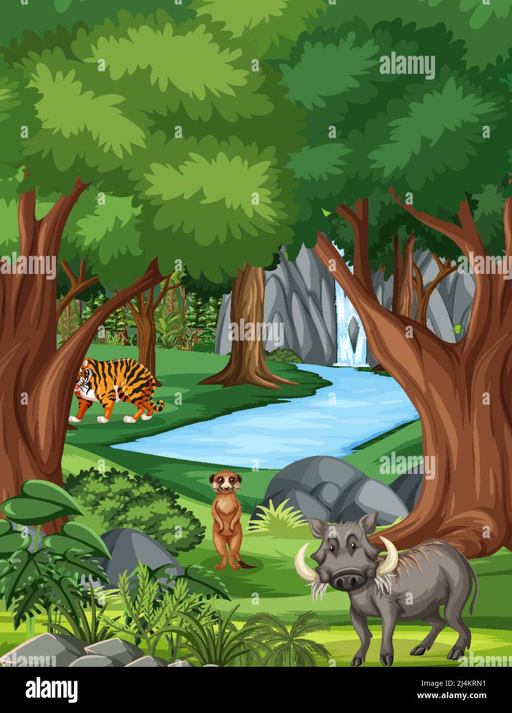 Forest scene with various wild animals illustration Stock Vector Image ...