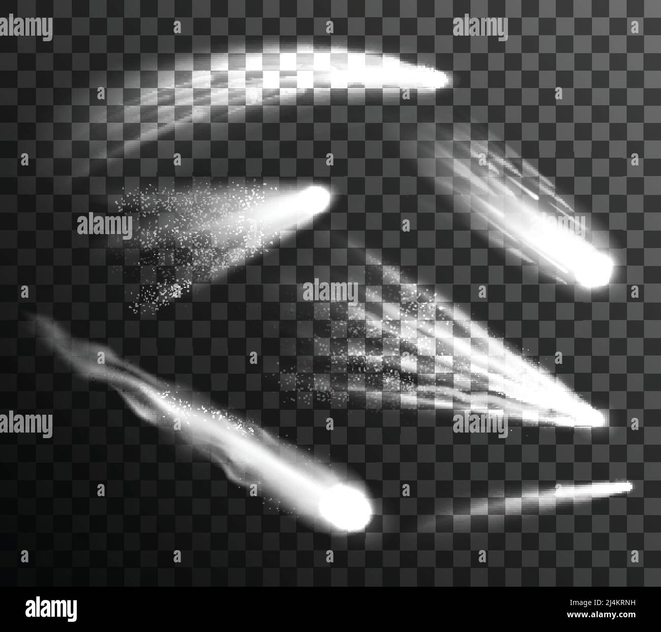 White meteors and comets of different shapes and sizes set on ...