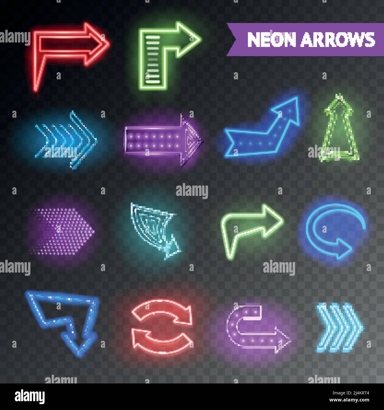 Bright neon realistic arrows set on transparent background isolated ...