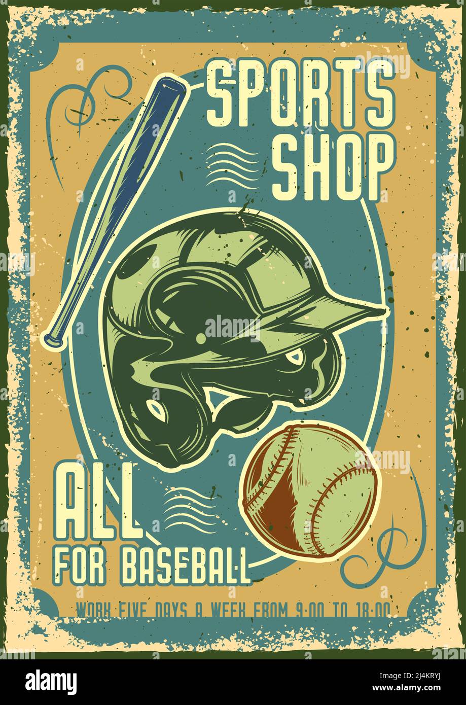 Advertising poster design with illustration of baseball helmet, a ball ...