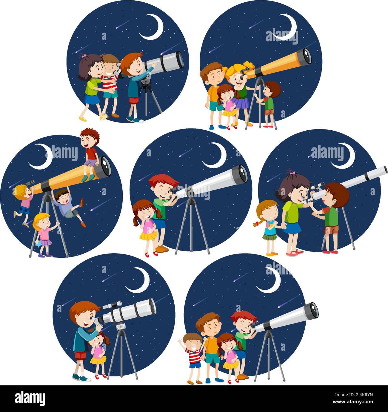 Set of different kids looking through telescope at night illustration ...