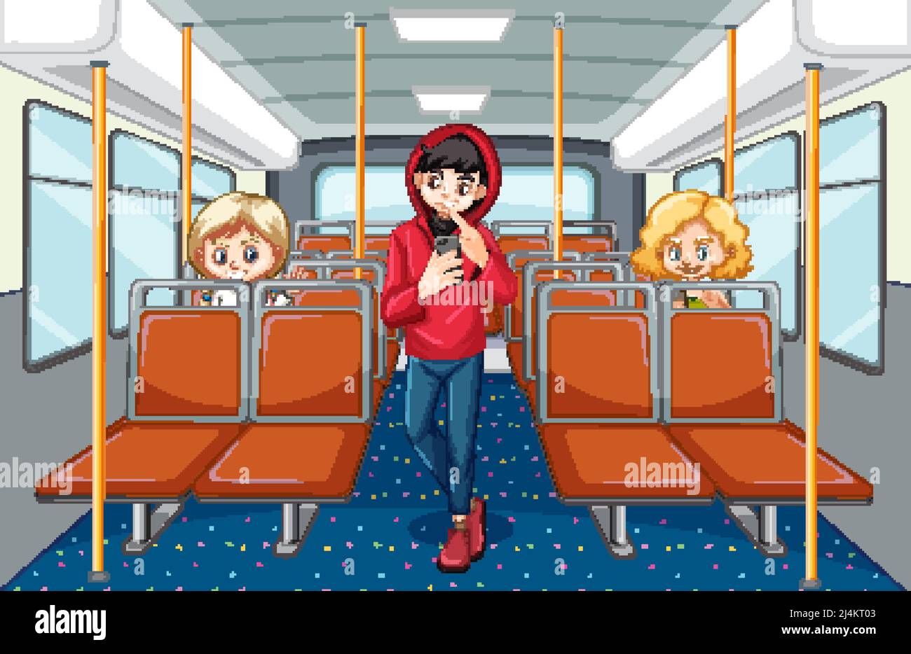 Bus interior with passengers cartoon characters illustration Stock ...