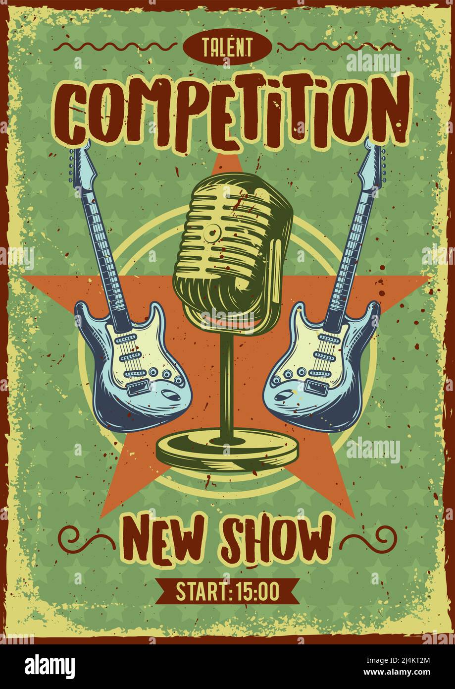 Advertising poster design with illustration of a microphone and guitars ...