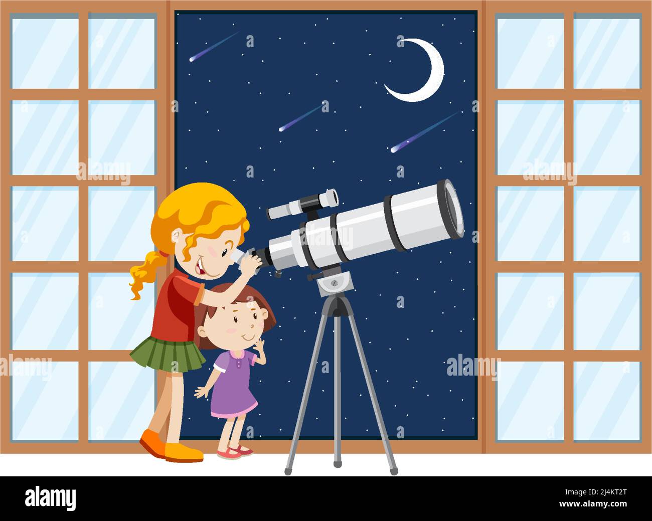 Kids observe night sky with telescope illustration Stock Vector Image ...