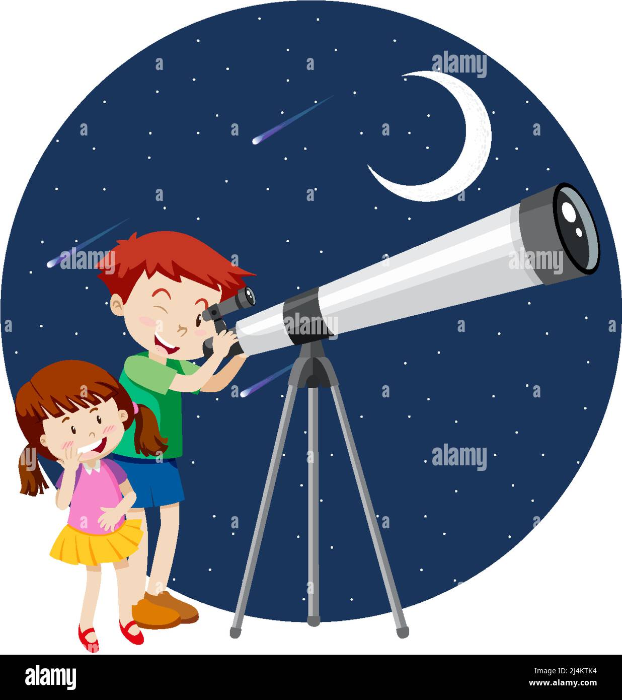 Happy kids observe night sky with telescope illustration Stock Vector ...