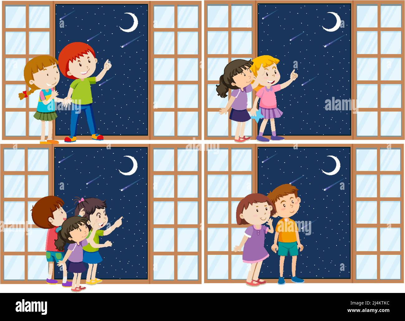 Set of different kids pointing finger to the moon illustration Stock ...