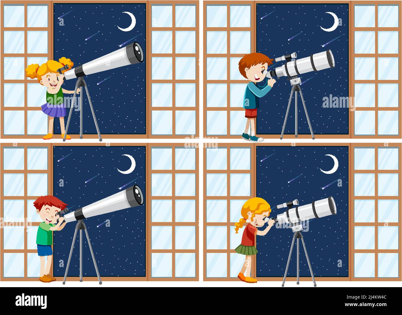 Set of different kids observe night sky with telescope illustration ...