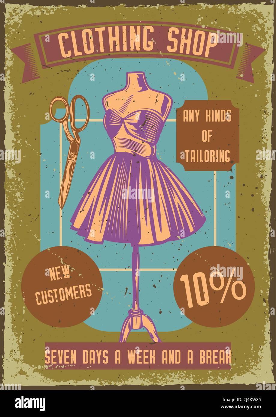 Poster design with illustration of a mannequin with a dress on and ...