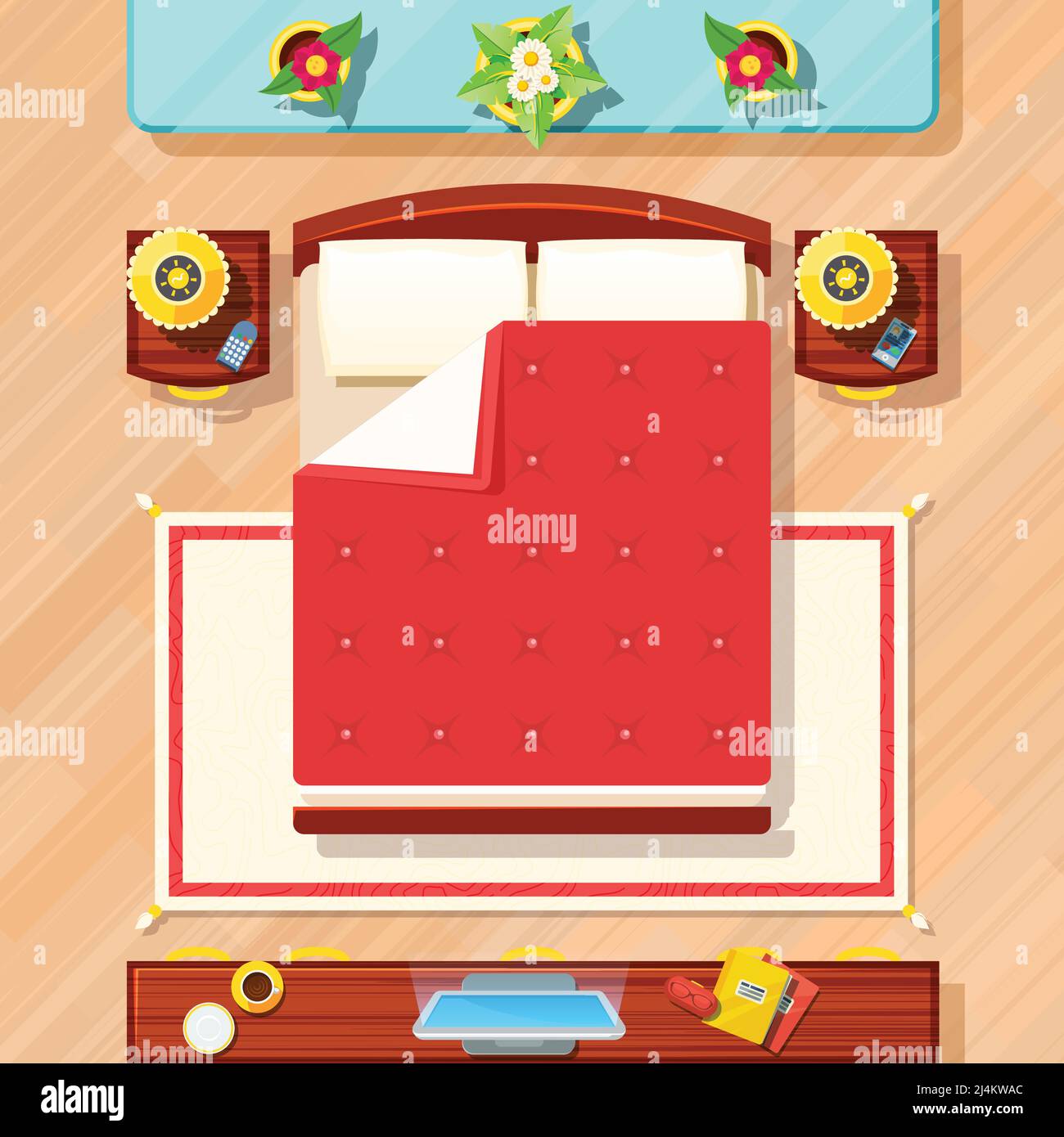 Bedroom top view design with bed TV lamps and flowers flat vector ...