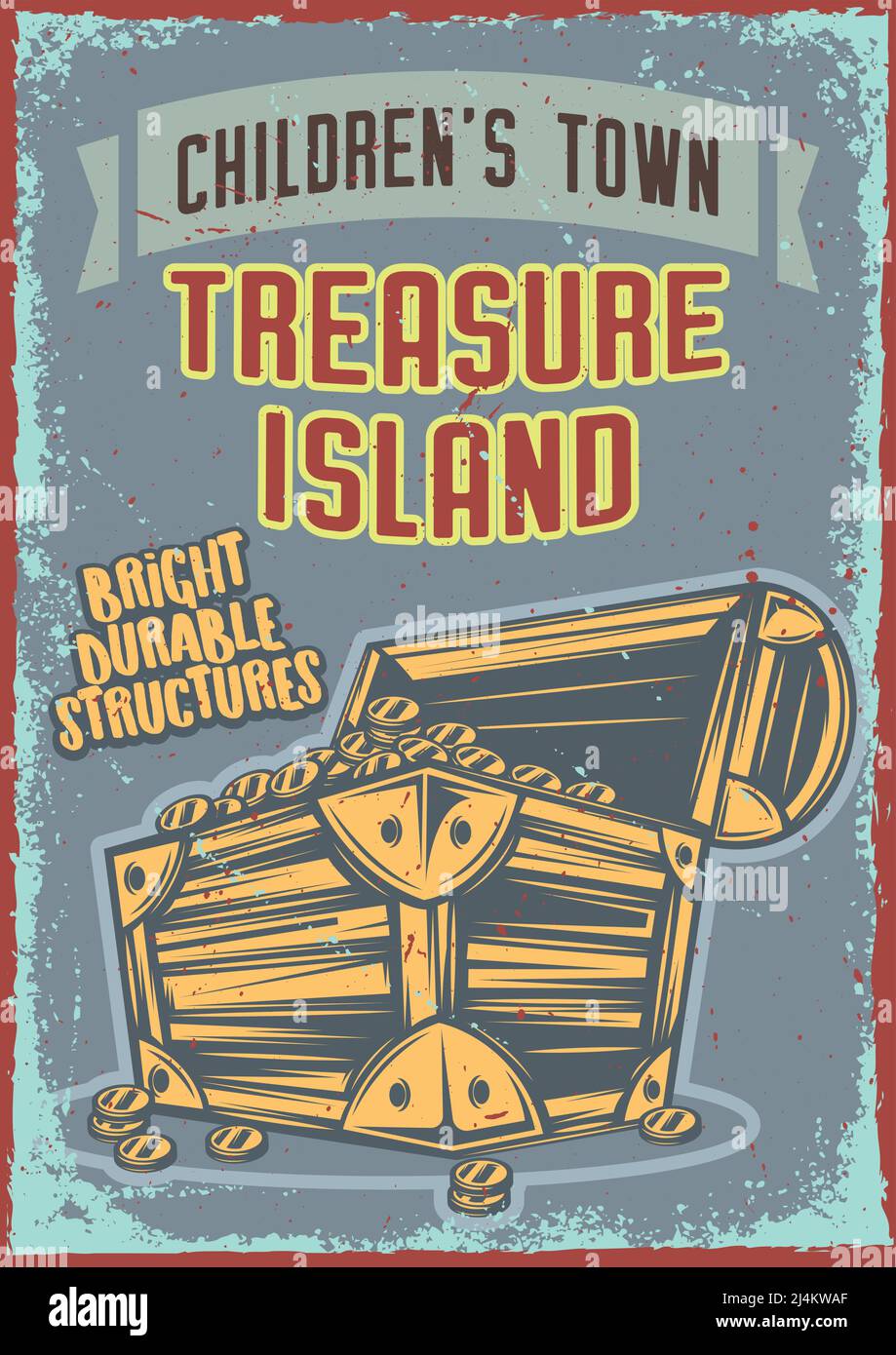 Poster design with illustration of a chest with gold on vintage ...