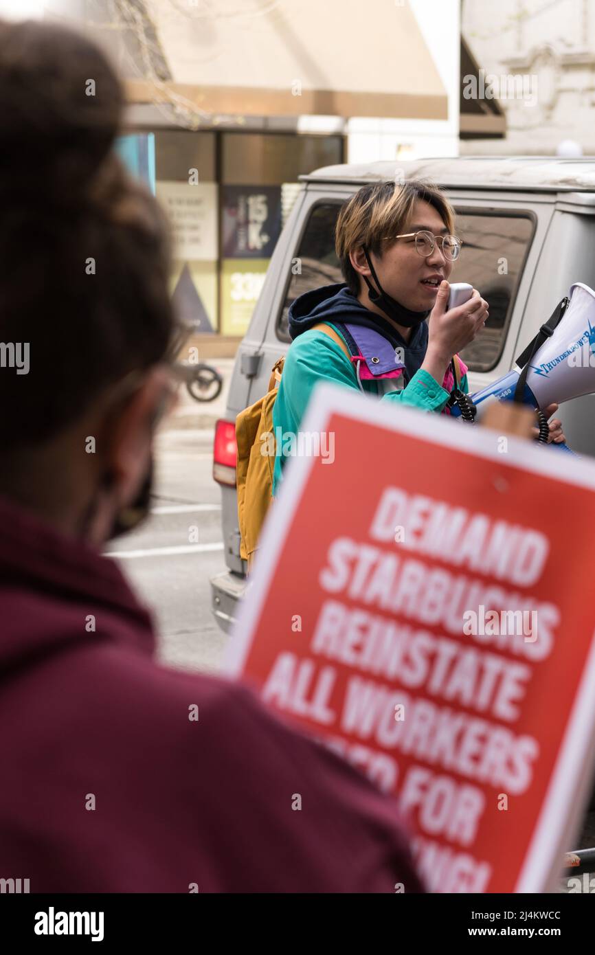 Seattle, USA. 16th Apr, 2022. Early in the morning protestors gather at ...