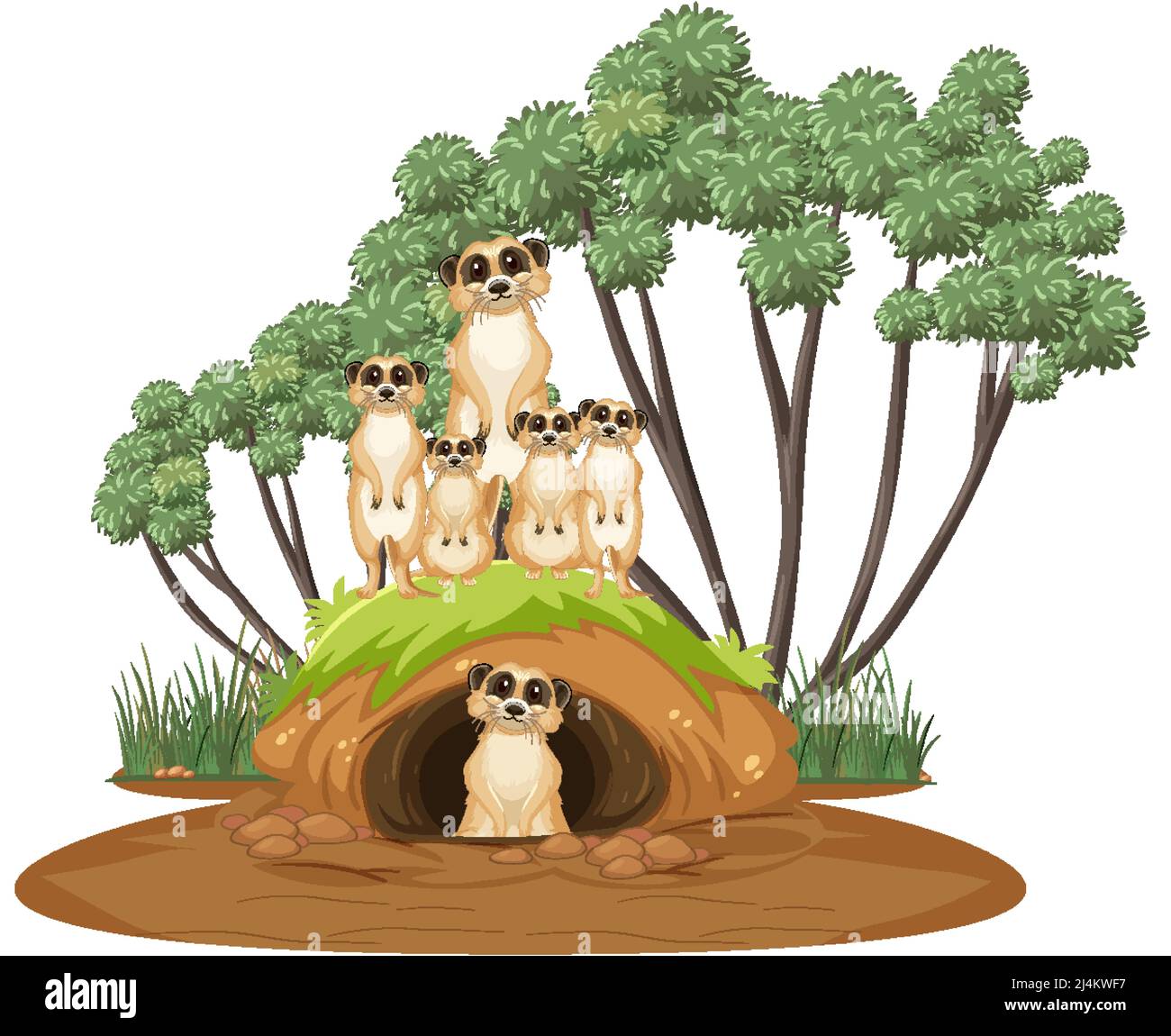 Group of meerkats with burrow in cartoon style illustration Stock ...