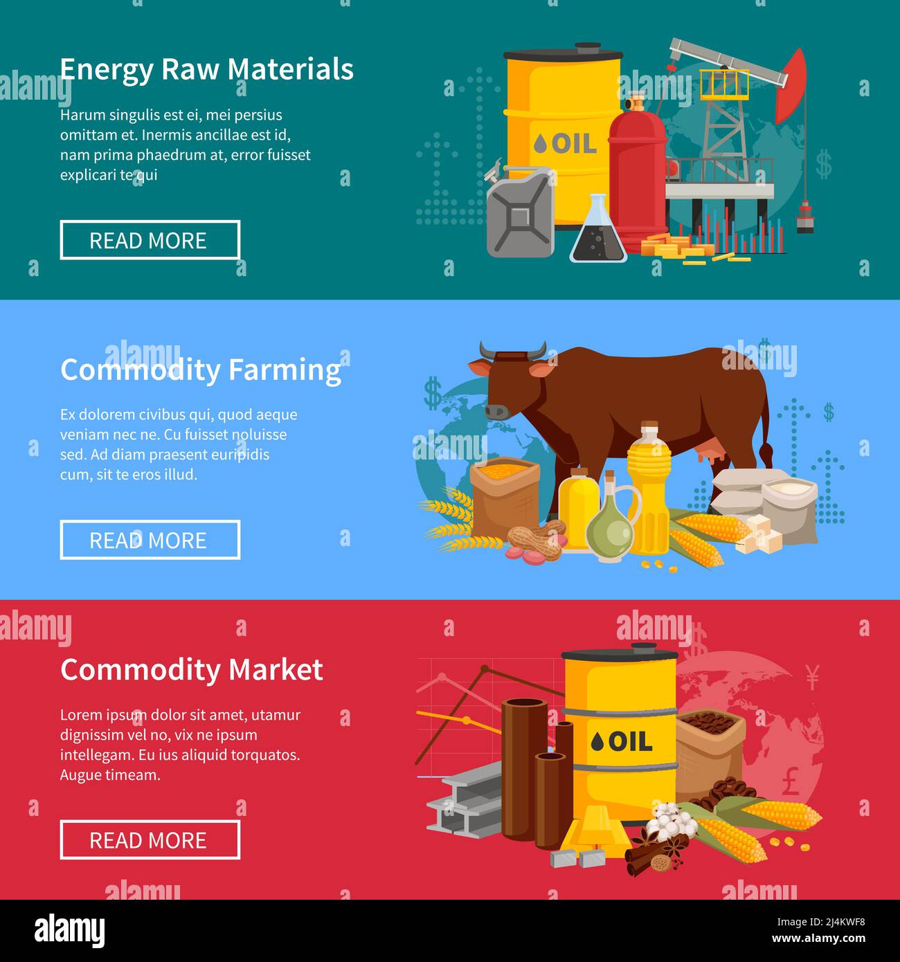 Commodity flat horizontal banners set with energy raw materials ...