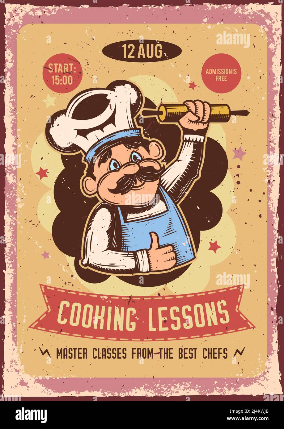 Advertising poster design with illustration of a baker with a rolling ...