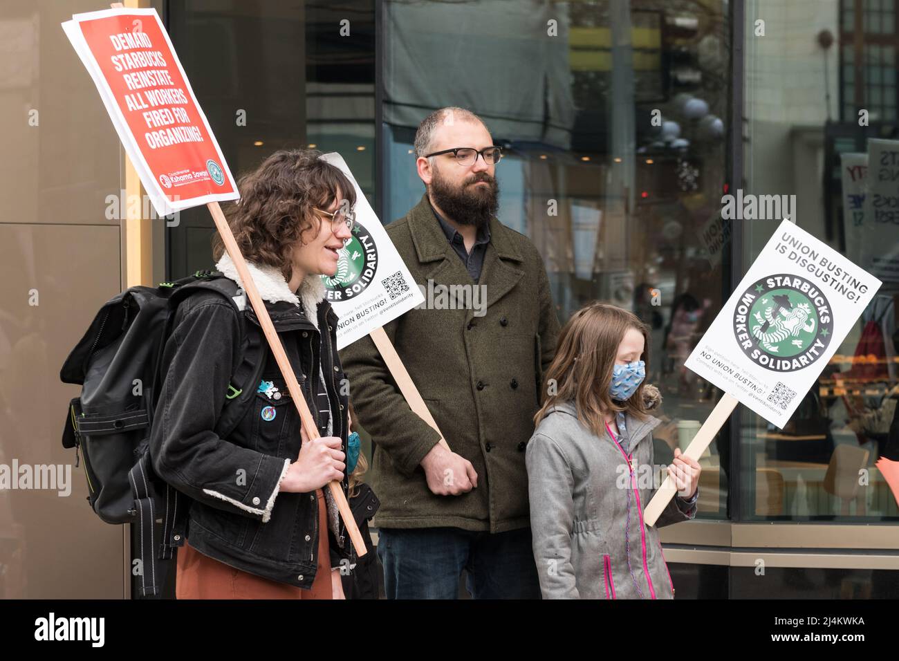 Seattle, USA. 16th Apr, 2022. Early in the morning protestors gather at ...