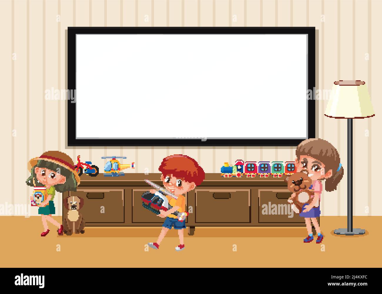 Living room scene with children cartoon character illustration Stock ...