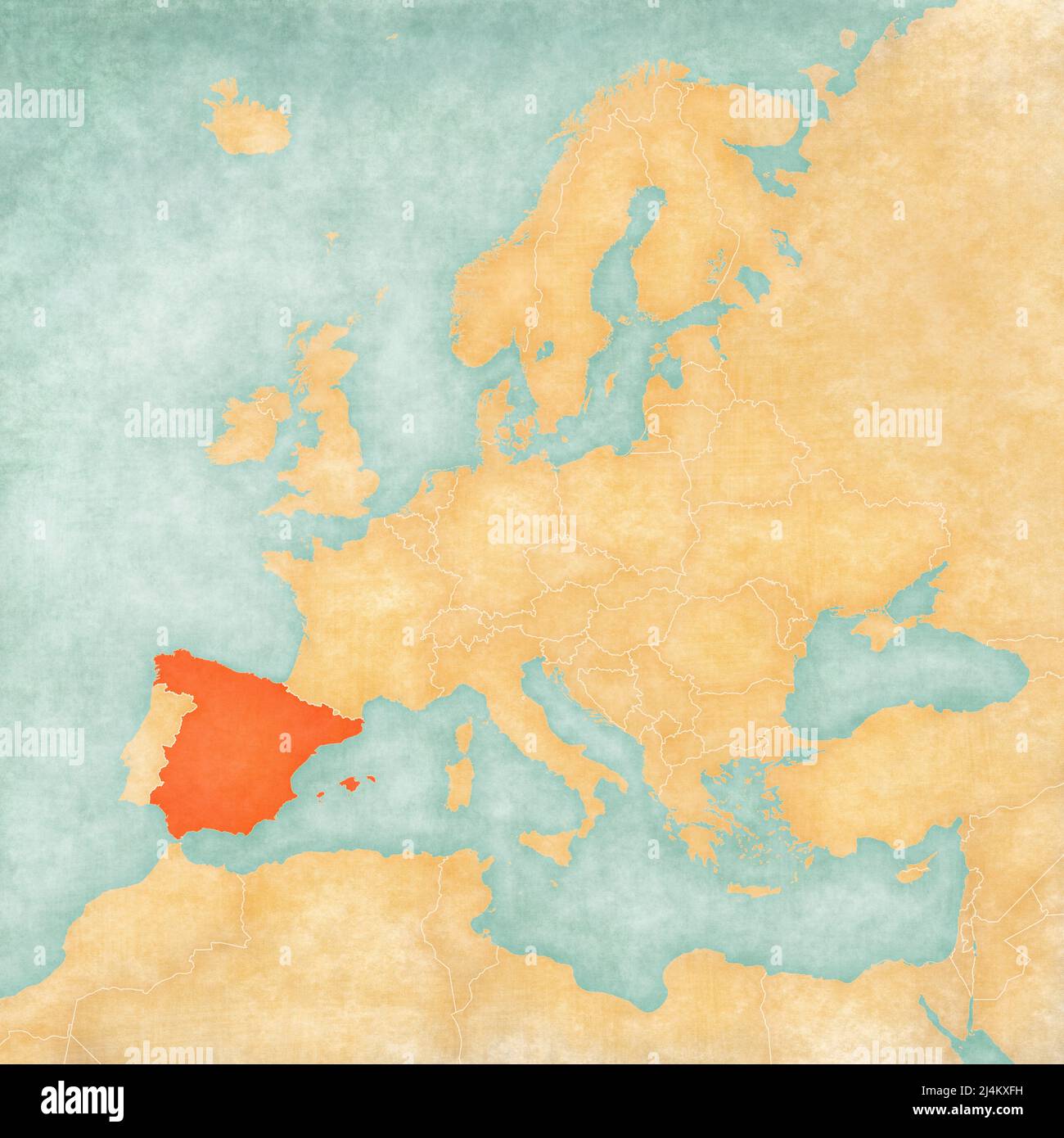 Spain on the map of Europe in soft grunge and vintage style, like old ...