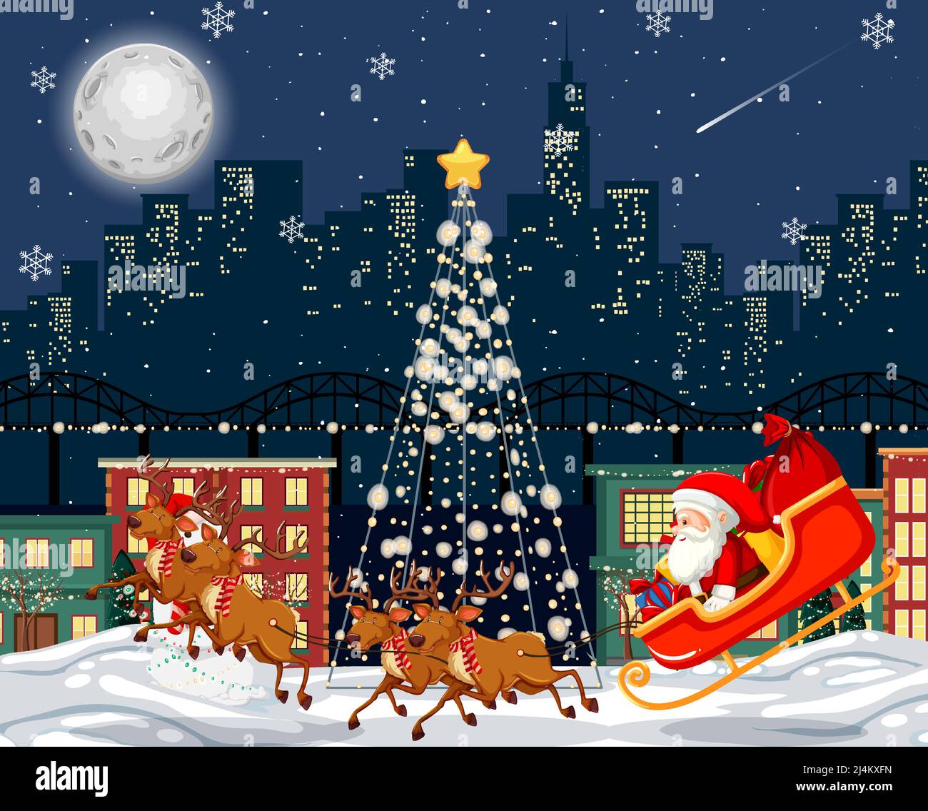 Santa Claus on sleigh in the town at night scene illustration Stock ...