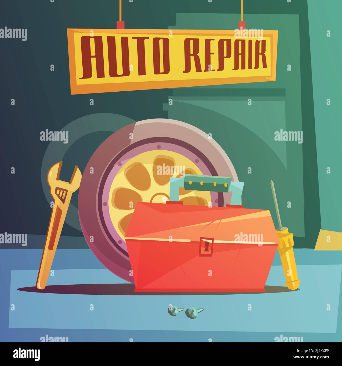 Auto repair cartoon background with spare parts and tools vector ...