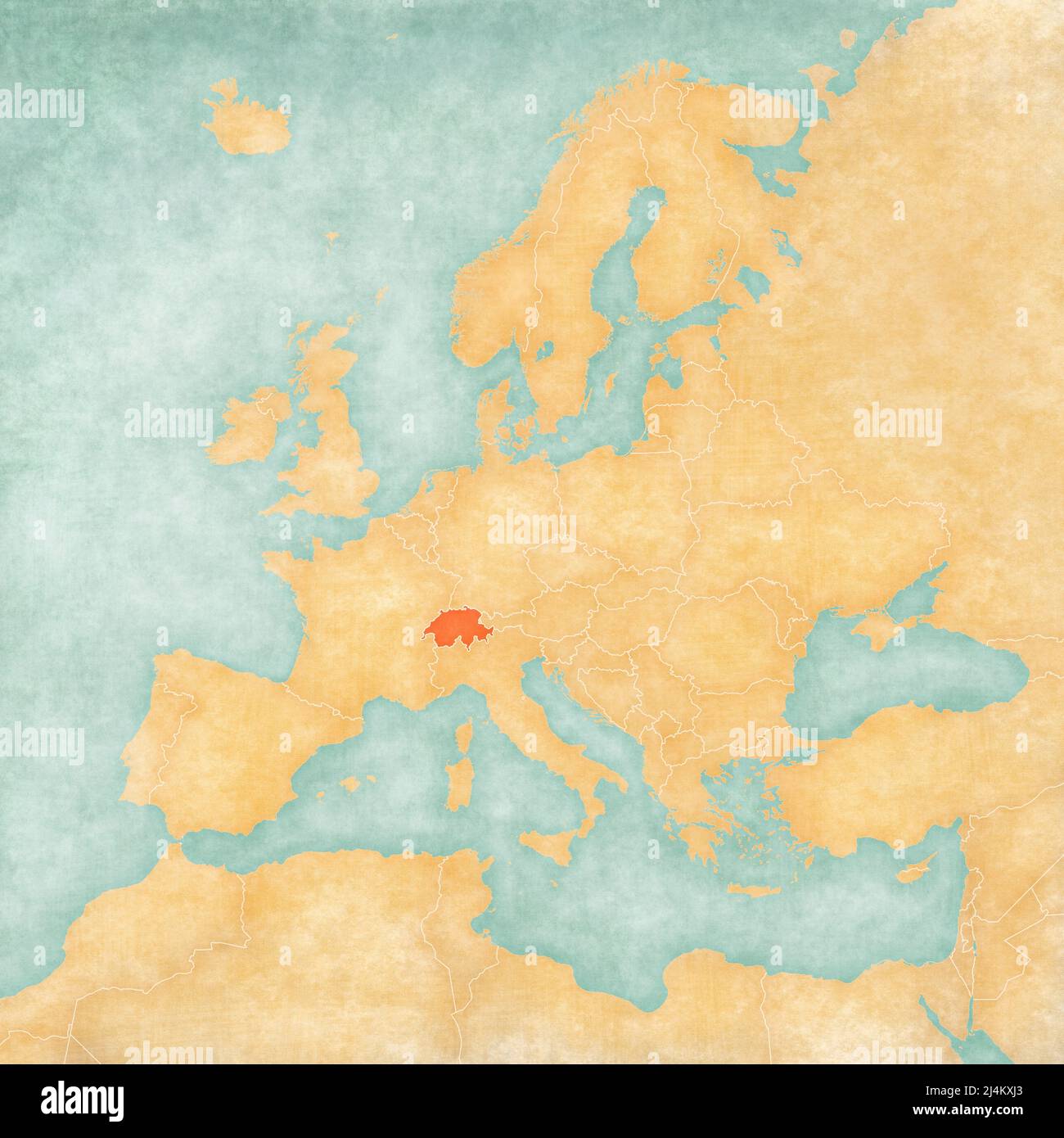 Switzerland on the map of Europe in soft grunge and vintage style, like ...
