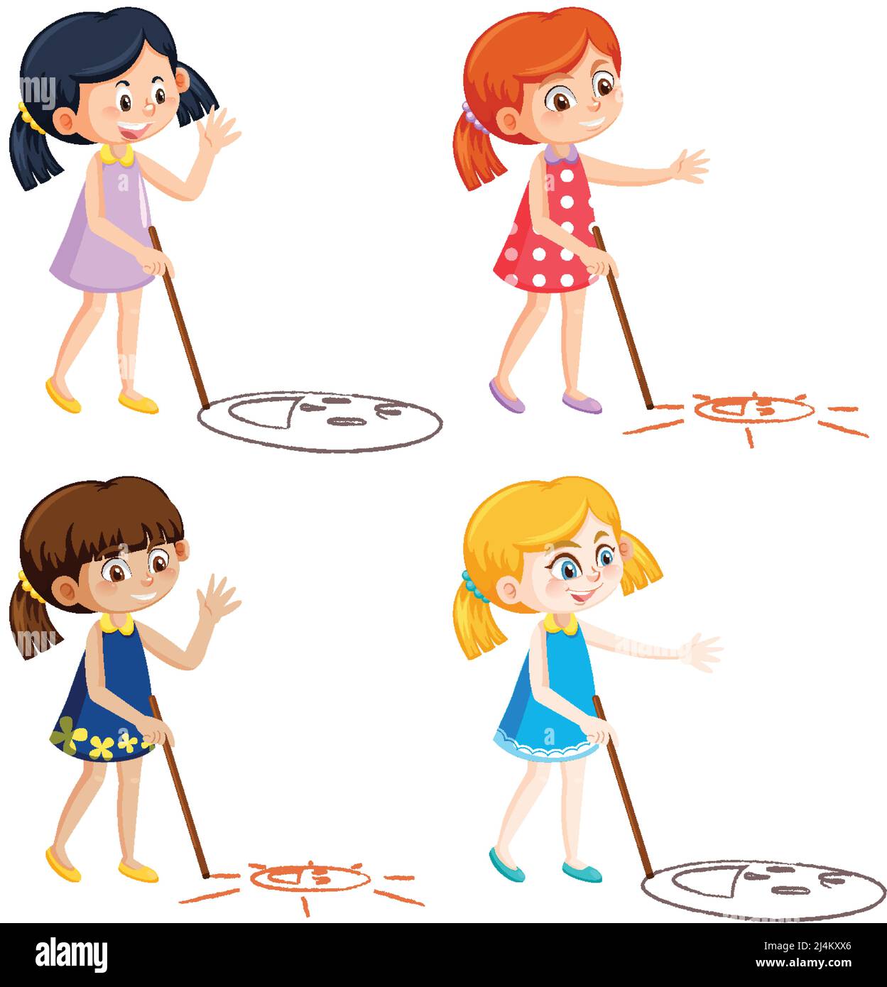 Set of different four girls drawing smile face on the ground ...