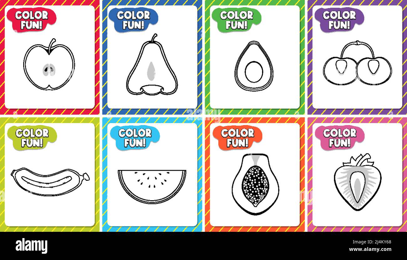 Set of worksheets template with color fun text and fruit outline ...