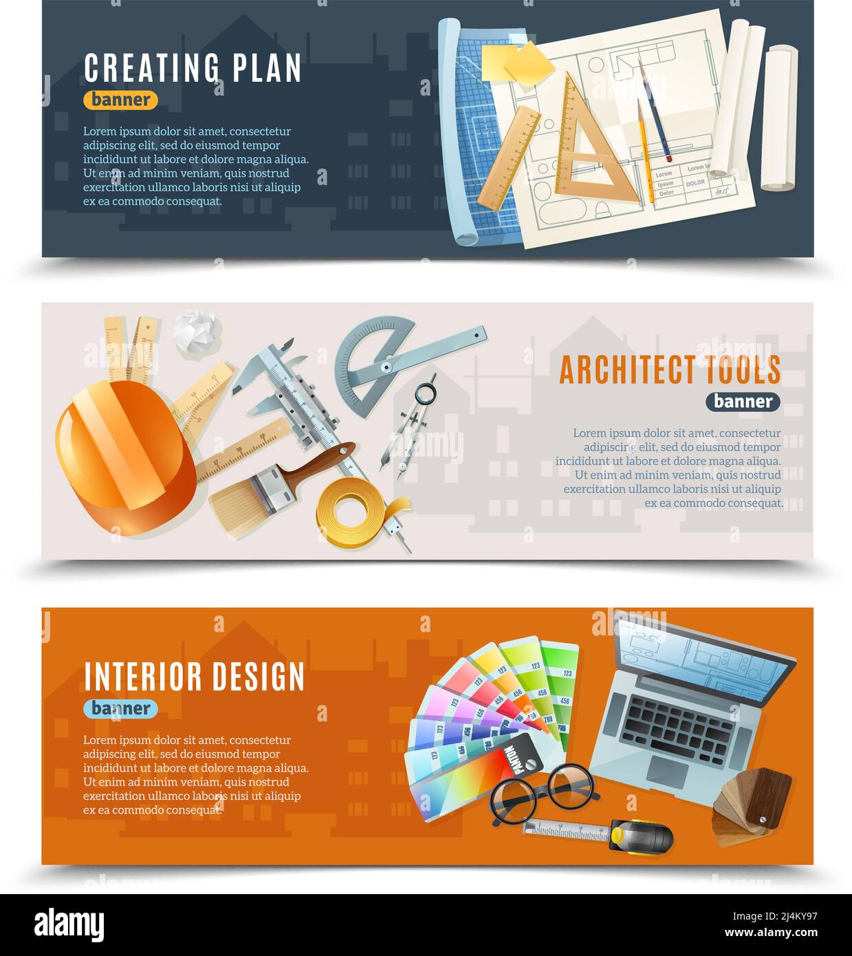 Three horizontal banners with construction tools for architect and ...