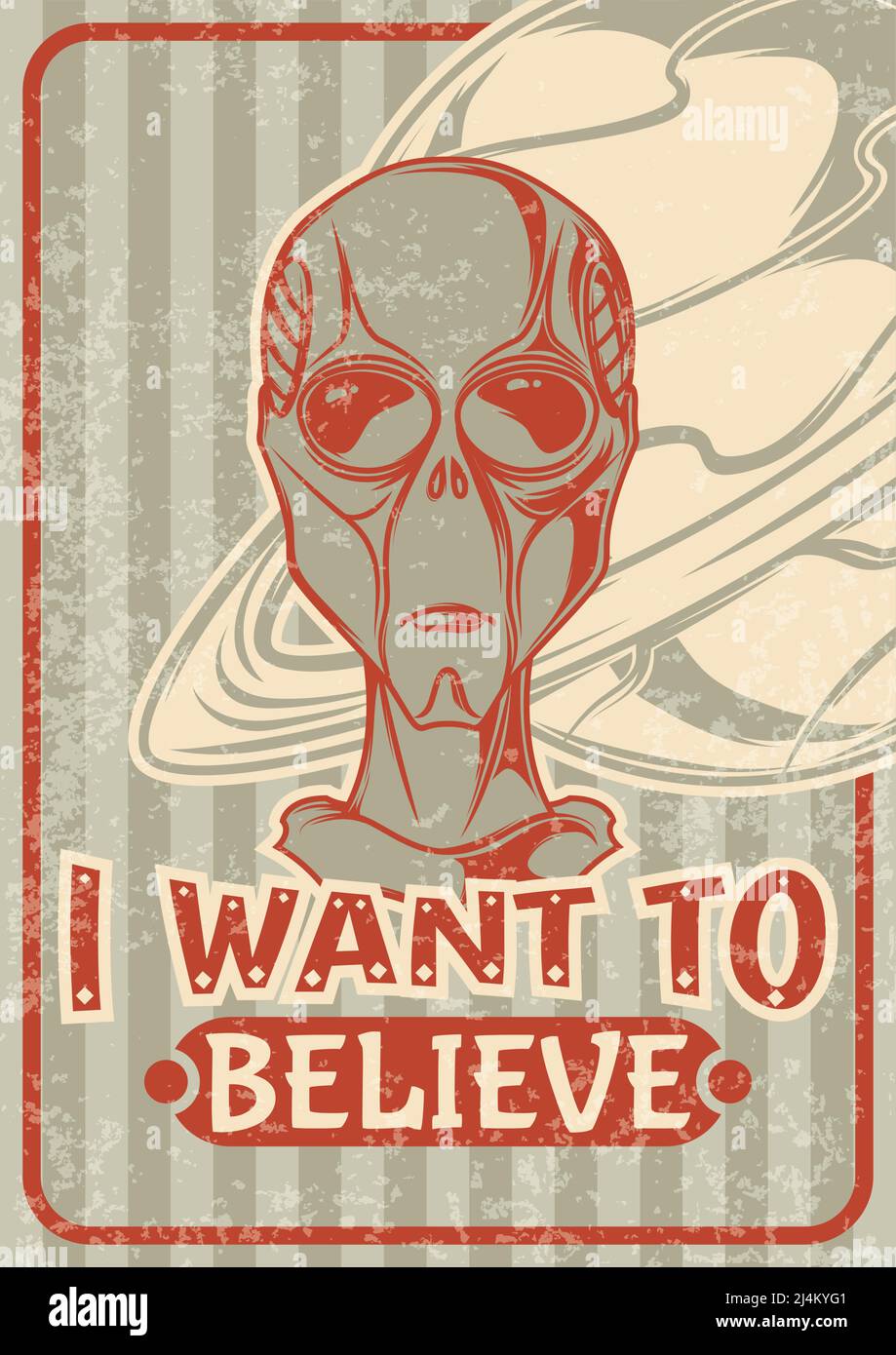 Vintage poster design with illustration of an alien and a retro pattern ...