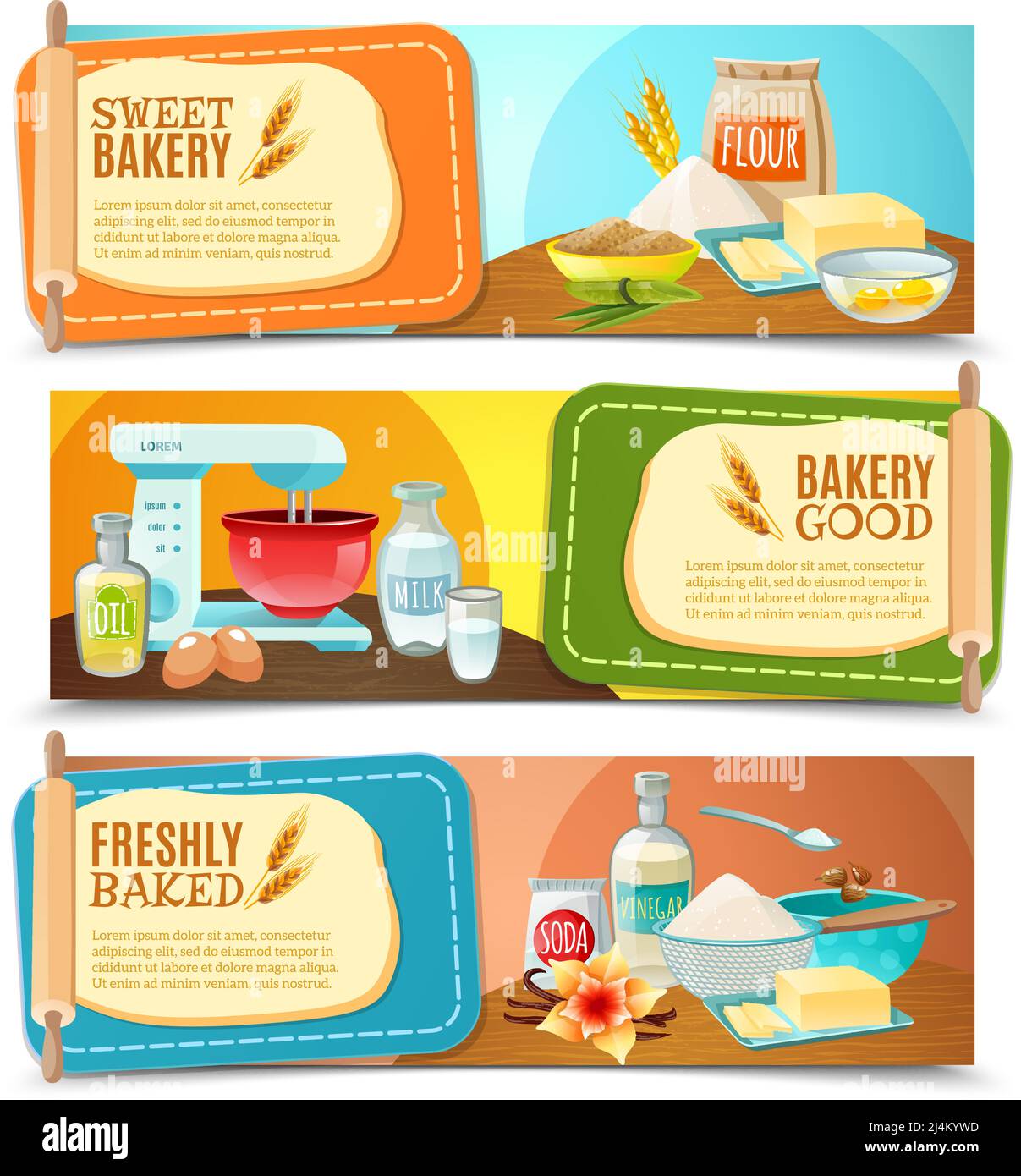 Three colorful horizontal banners with baking ingredients and text ...